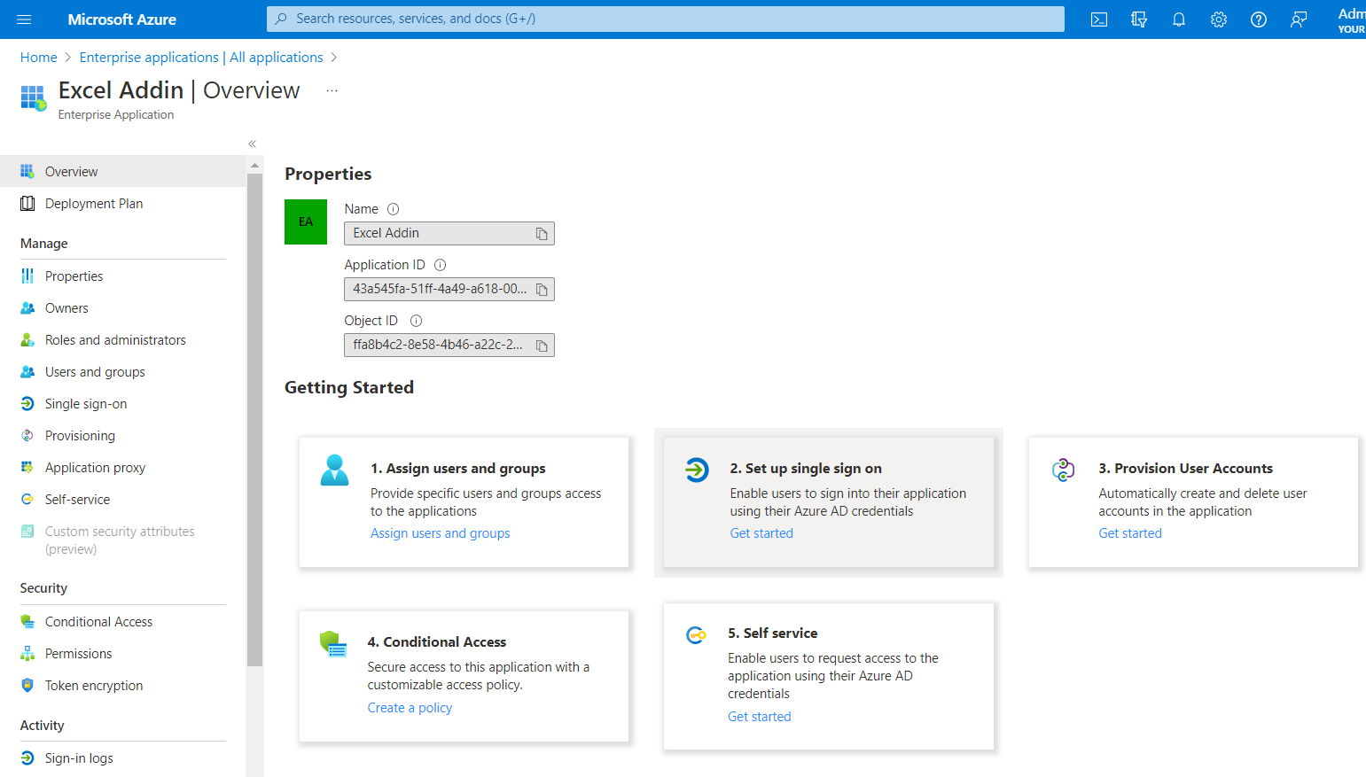 Azure Single Sign-On for Excel Add-in